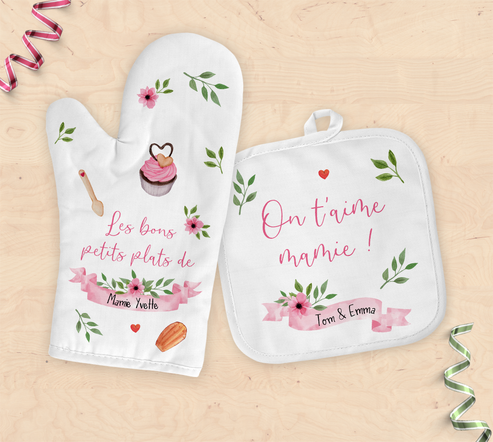 Duo de gant et manique de cuisine personnalisée, cadeau pour mamie ...